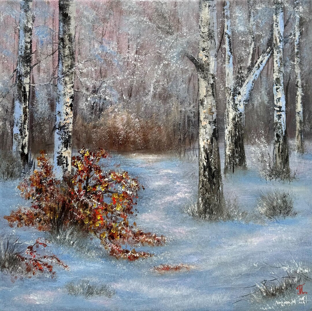 Original Birch Forest Oil Painting, Winter Landscape on Canvas (16x16 ...