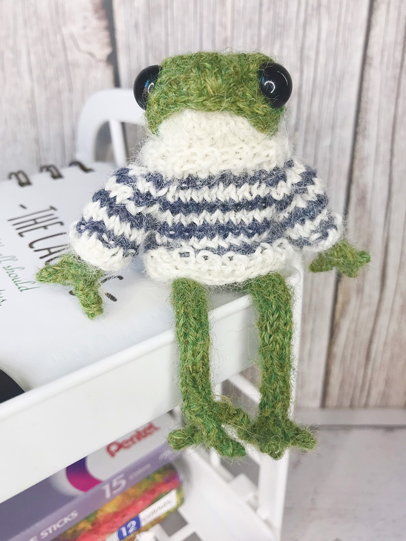 Knitted Frog in Striped Sweater Crochet Green Froggy Toy Tiktok Frog in ...