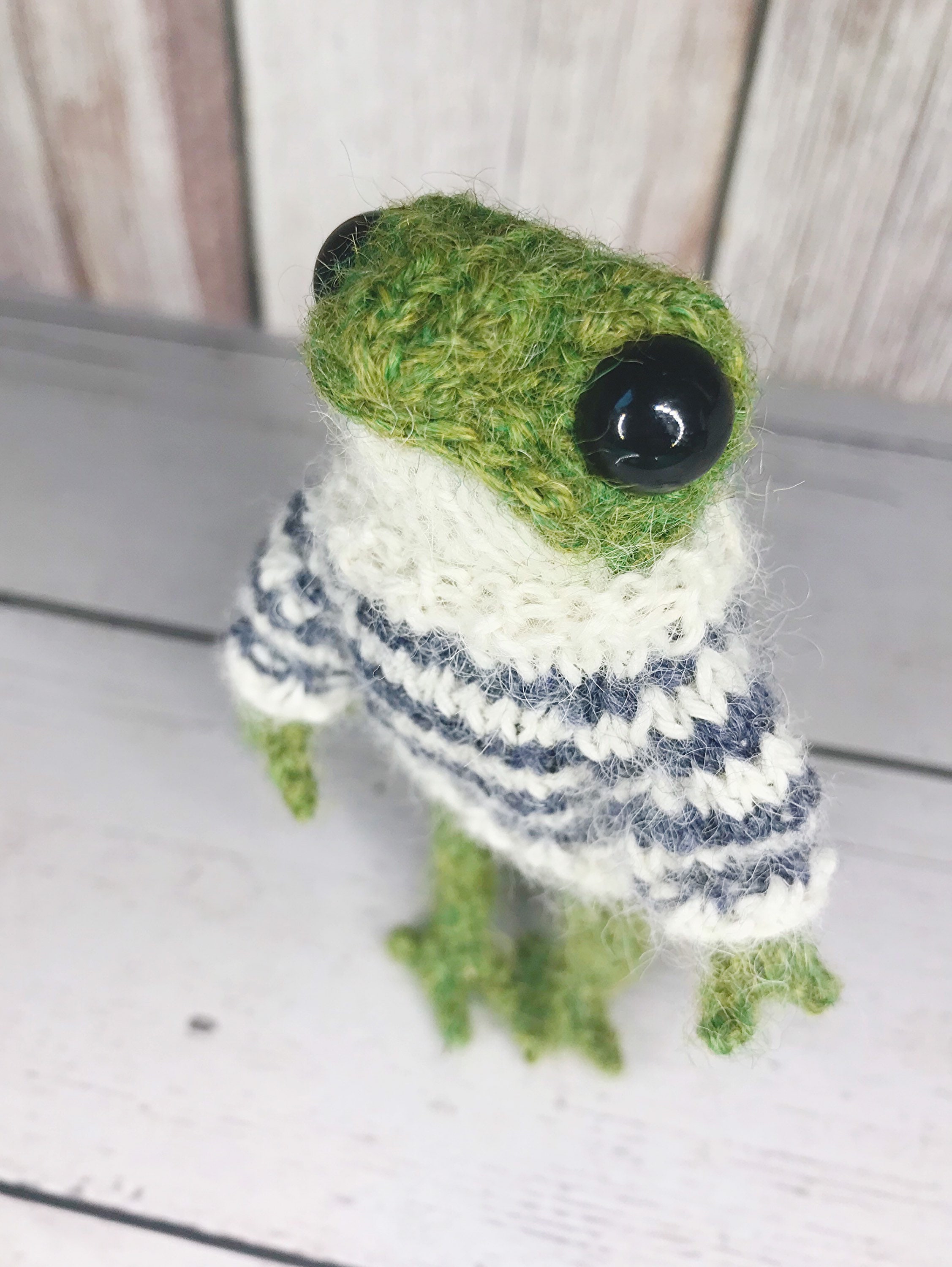 Knitted Frog in Striped Sweater Crochet Green Froggy Toy Tiktok Frog in ...