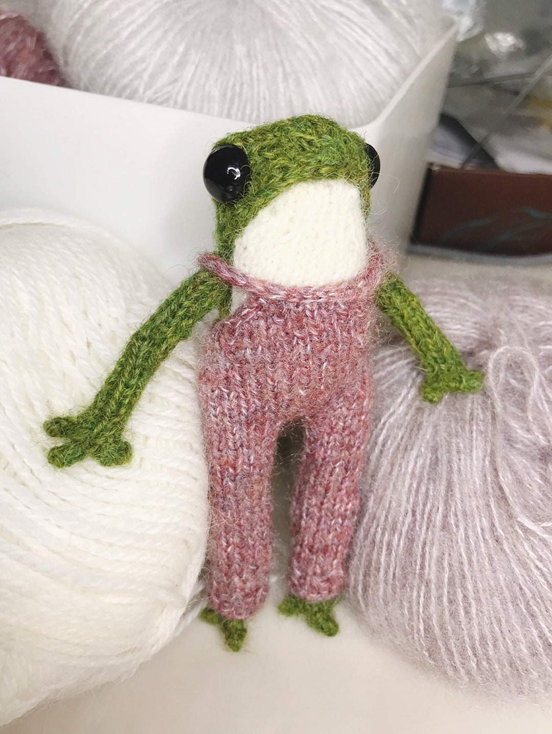 Knitted Frog in Overall Knitting Frog Toy in Sweater Crochet Frog Doll ...