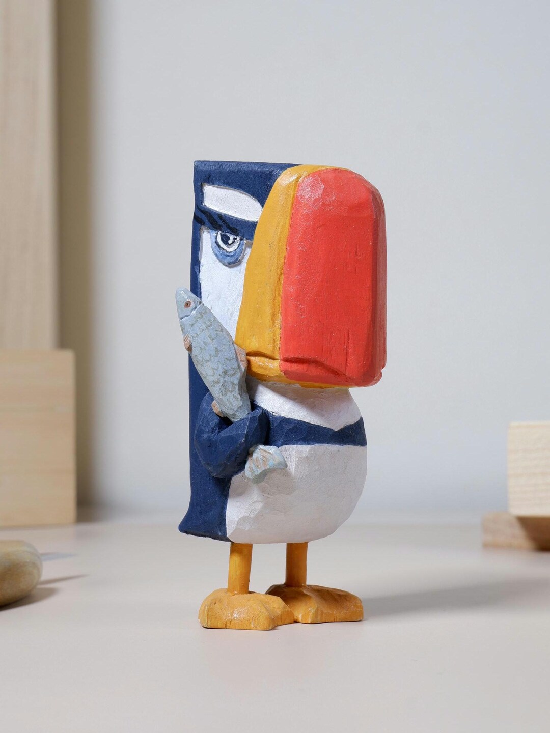 Handcarved Wooden Puffin Figurine Minimalist Bird Sculpture Woodcarving ...