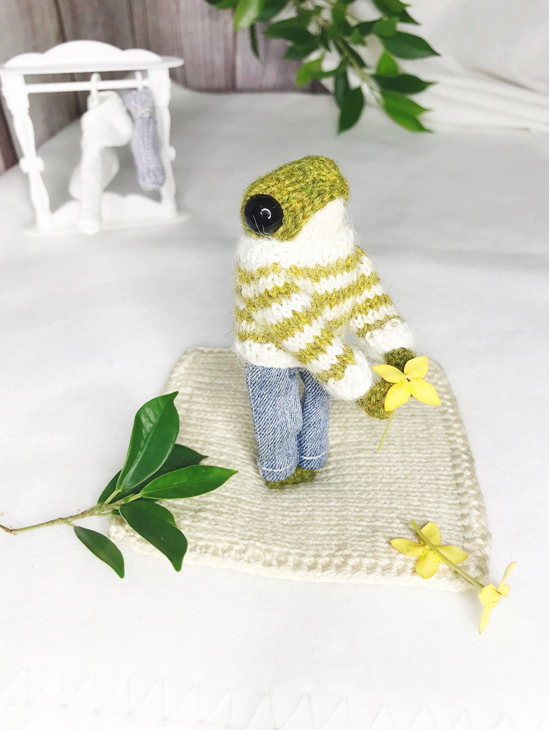 Knitted Frog in Striped Sweater Crochet Frog Green Froggy Toy Tiktok ...