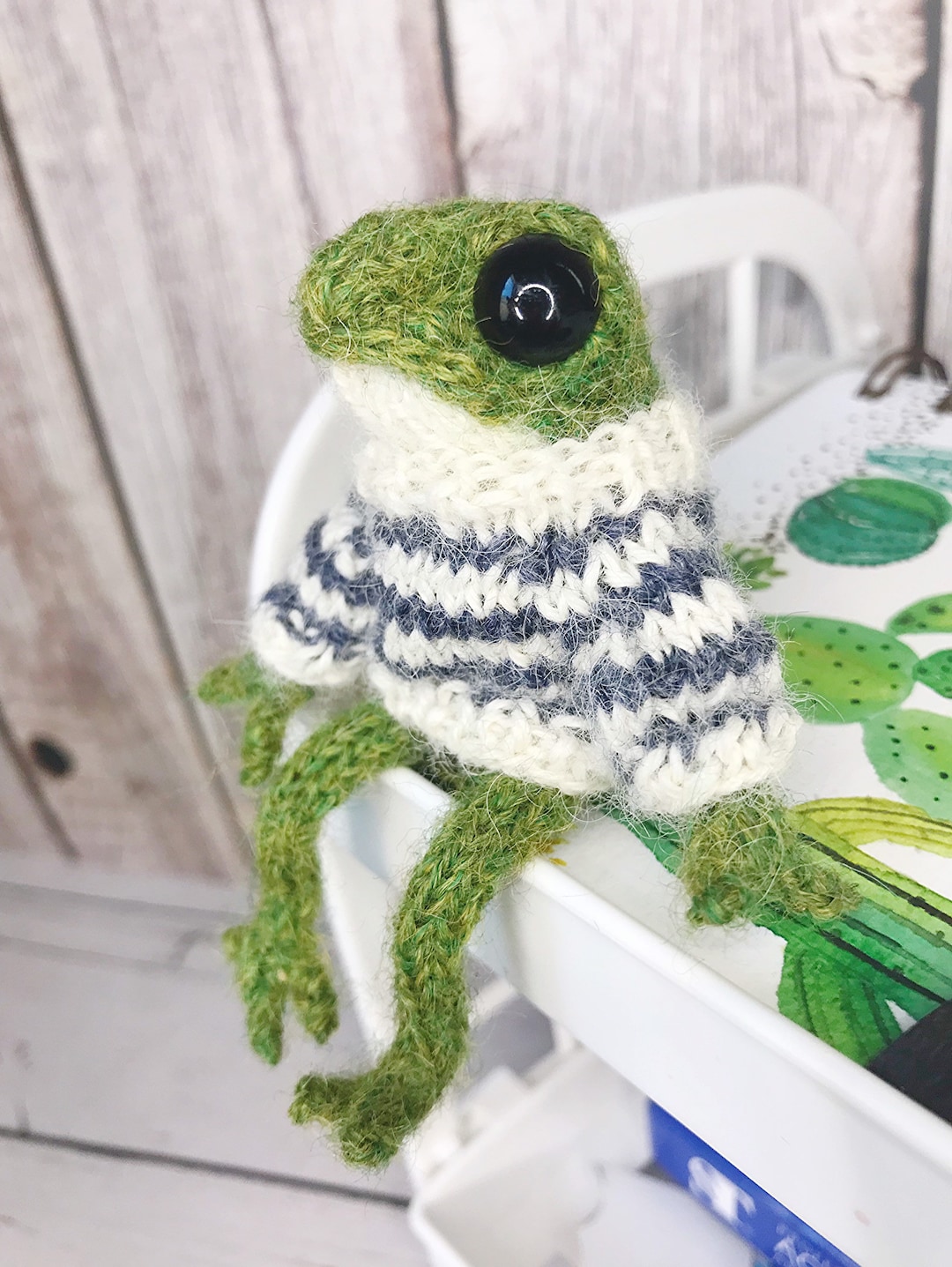 Knitted Frog in Striped Sweater Crochet Green Froggy Toy Tiktok Frog in ...