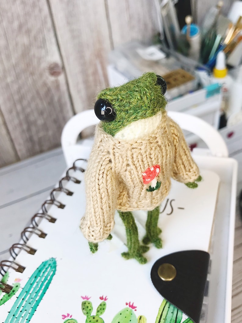Knitted Frog With Sweater Frog Toy Embroidery Mushroom Green - Etsy