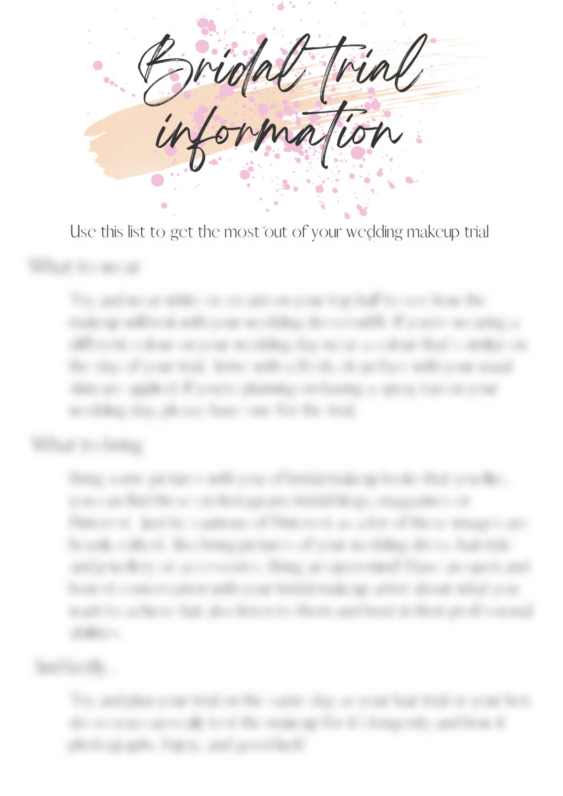 Bridal Trial Information Sheet for Makeup Artists. Downloadable ...