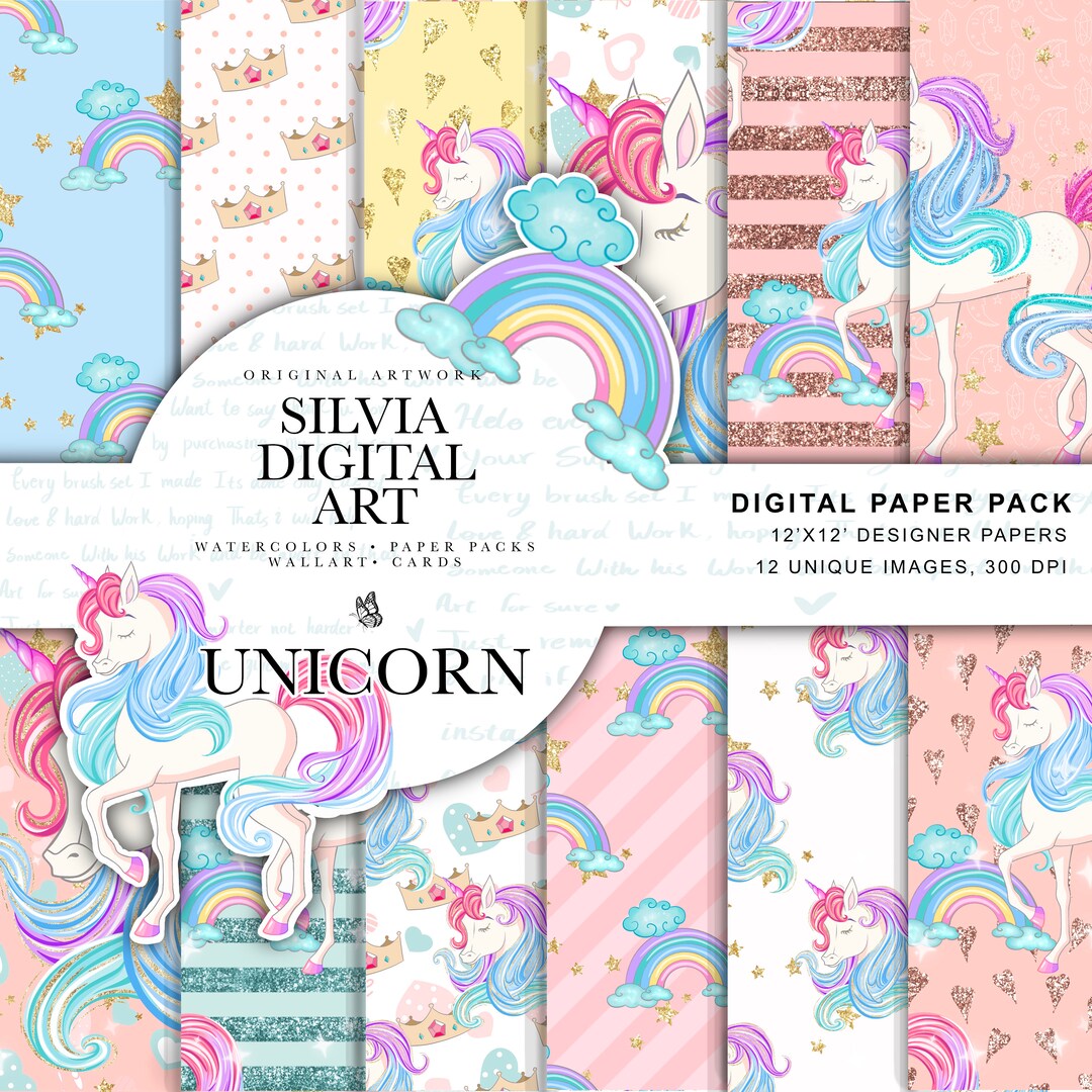 Elegant Unicorns, Digital Paper Pack, Rainbow Unicorns Download ...