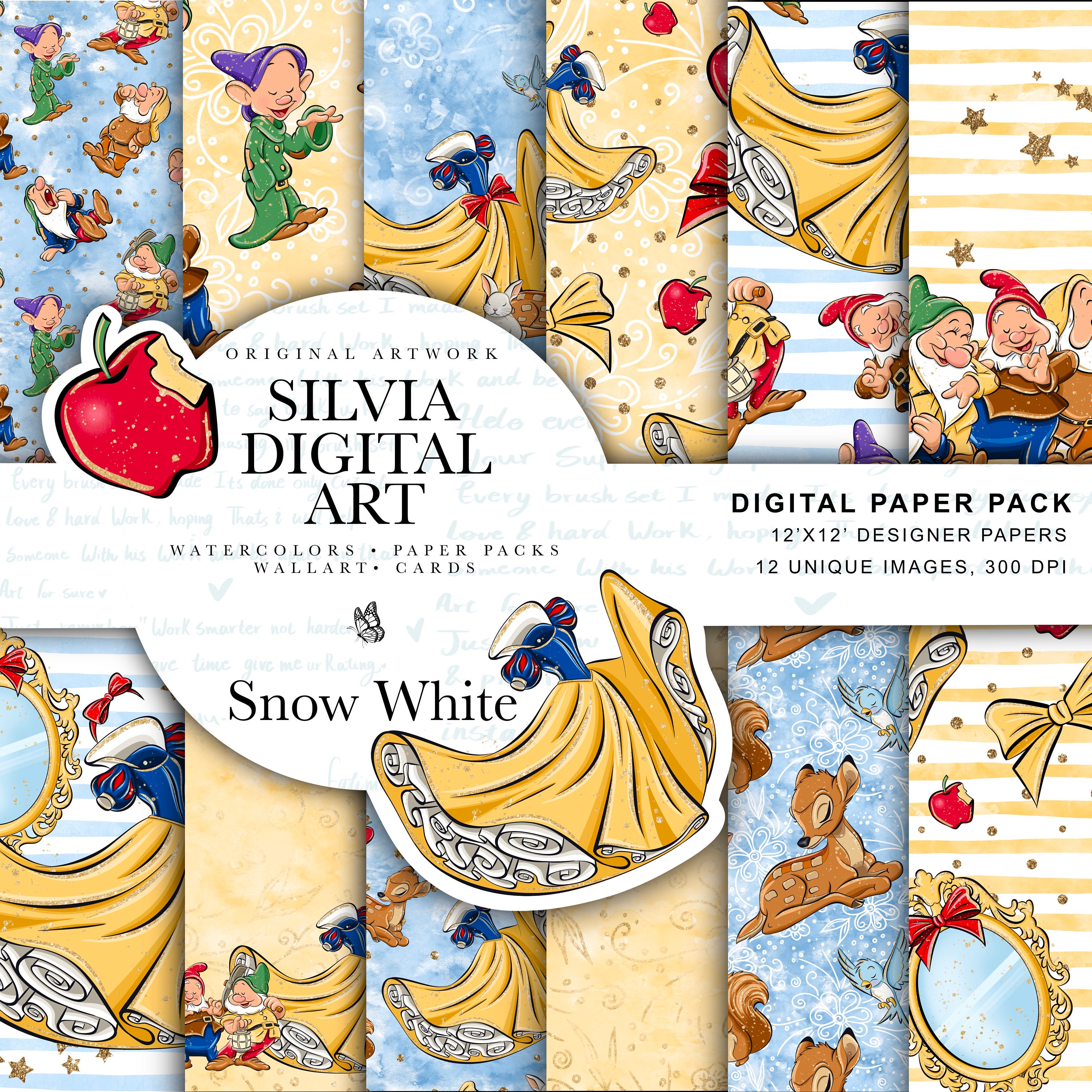 Snow White Digital Paper, Princess PNG, Seven Dwarves, Fairytale, Deer ...