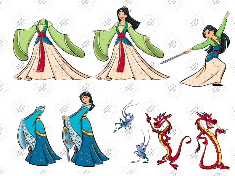 Mulan Clipart, PNG, Cute Mushu, Crikee, Watercolor , Glitter Art ...