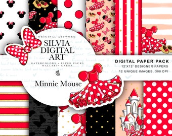 Minnie Mouse Gold Digital Papers, Minnie Mouse Clipart PNG, Seamless ...