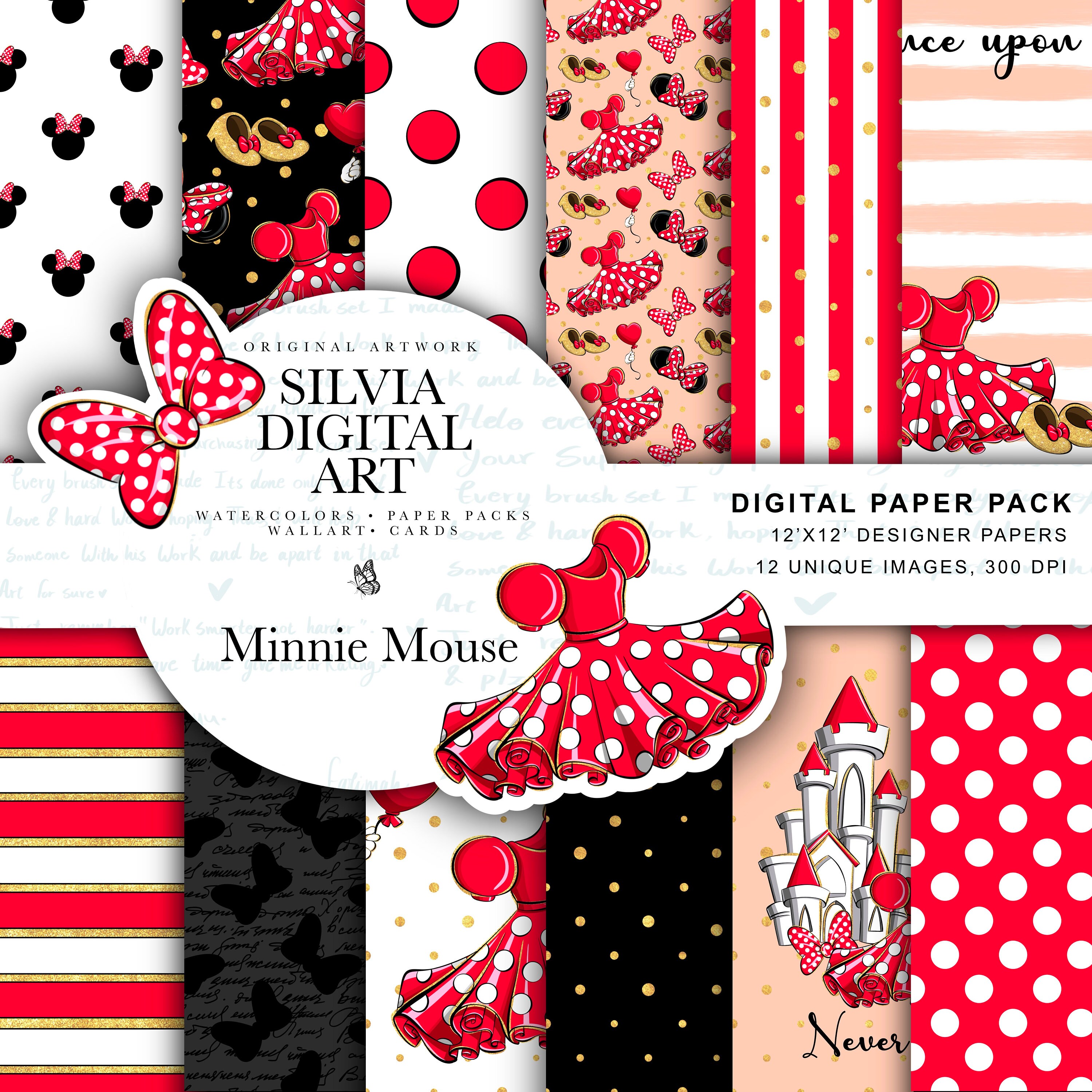 Minnie Mouse Gold Digital Papers, Minnie Mouse Clipart PNG, Seamless ...