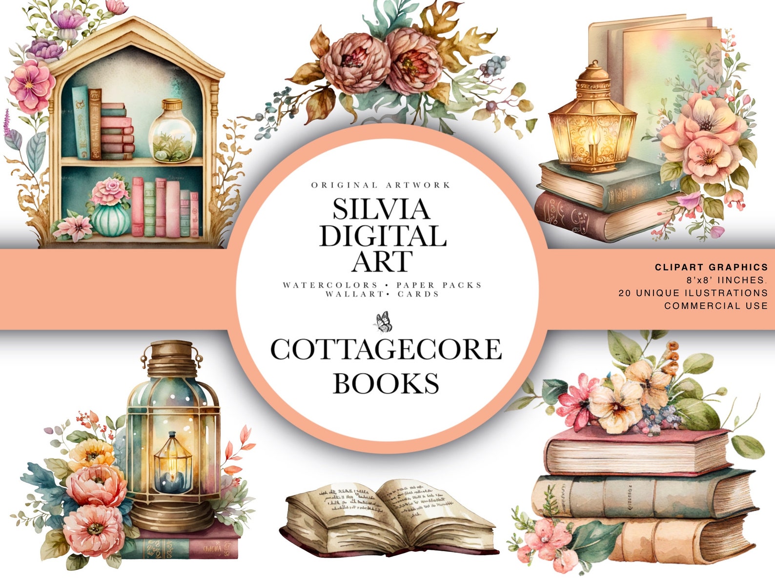 Watercolor Cottagecore Books Clipart, Floral Antique Book Png ...