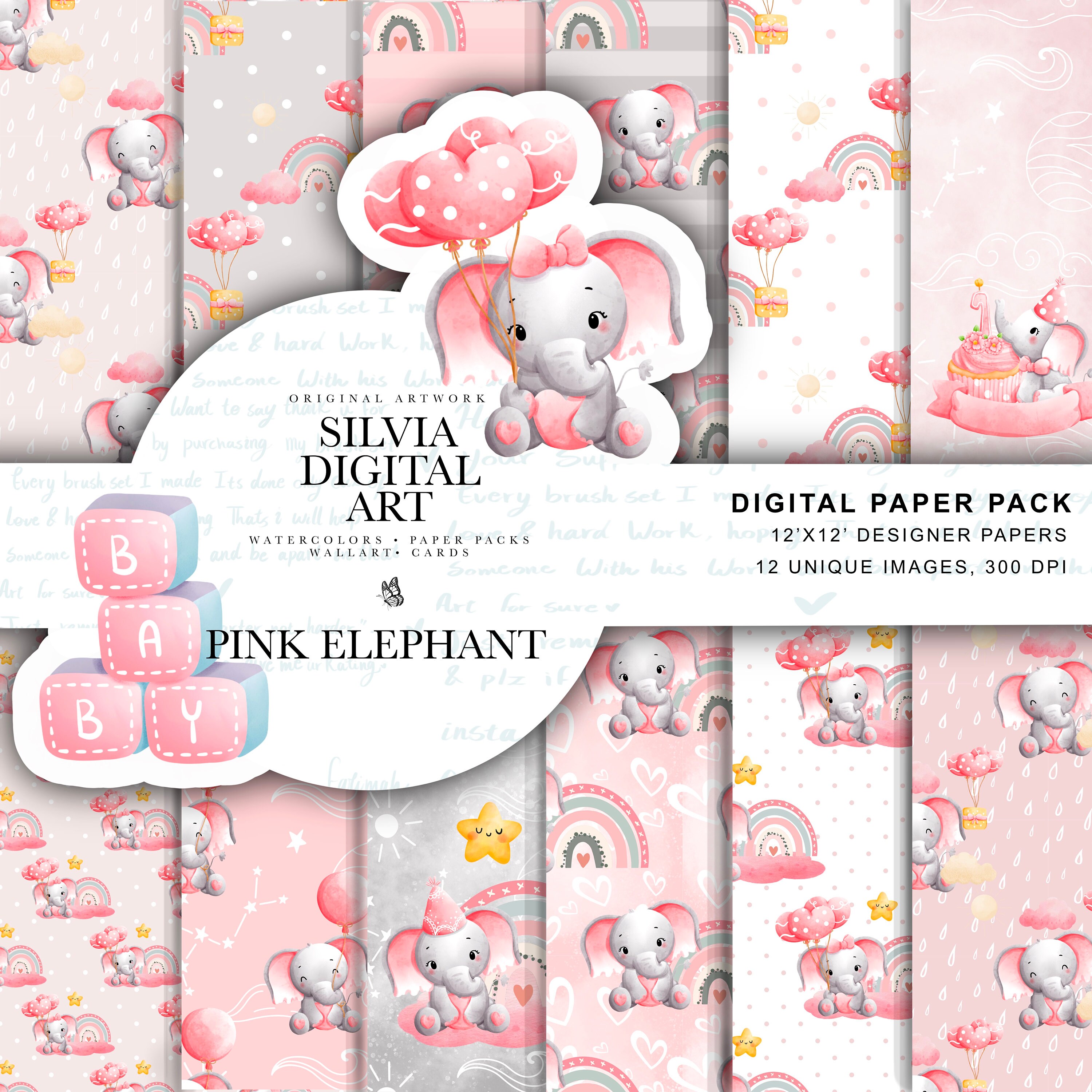 Pink Elephant Digital Paper - Etsy
