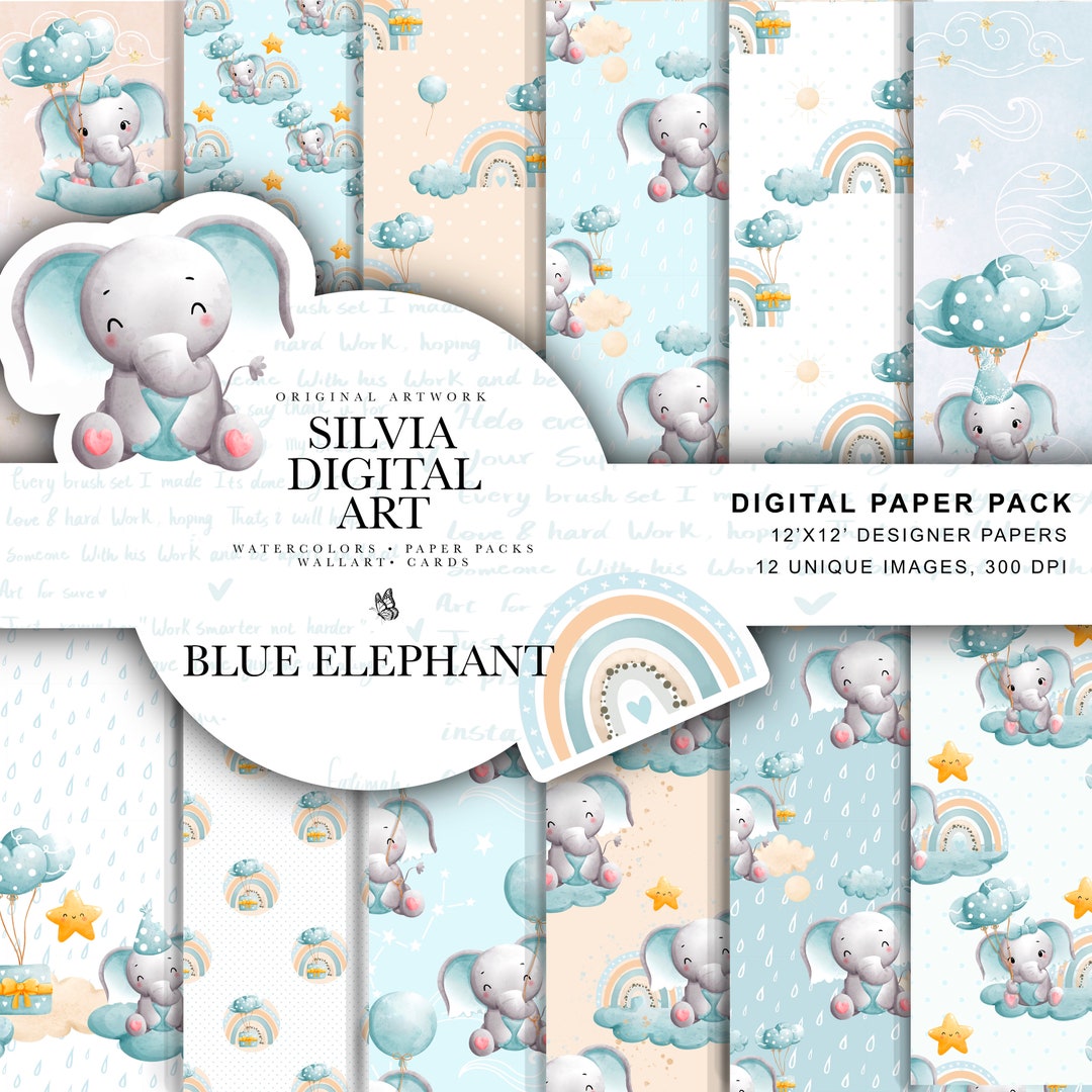 Blue Elephant Digital Paper - Etsy