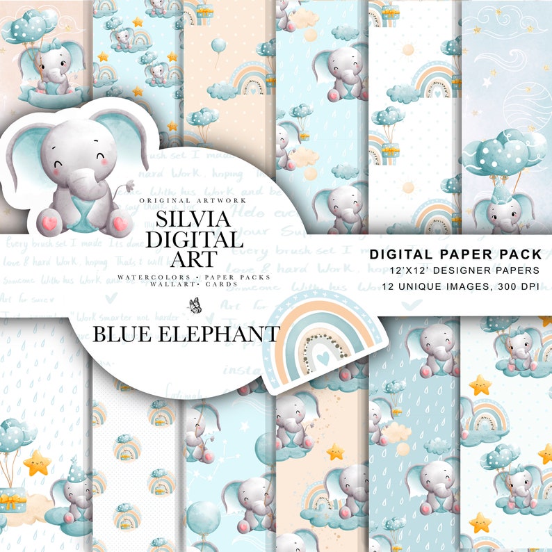 Blue Elephant Digital Paper - Etsy