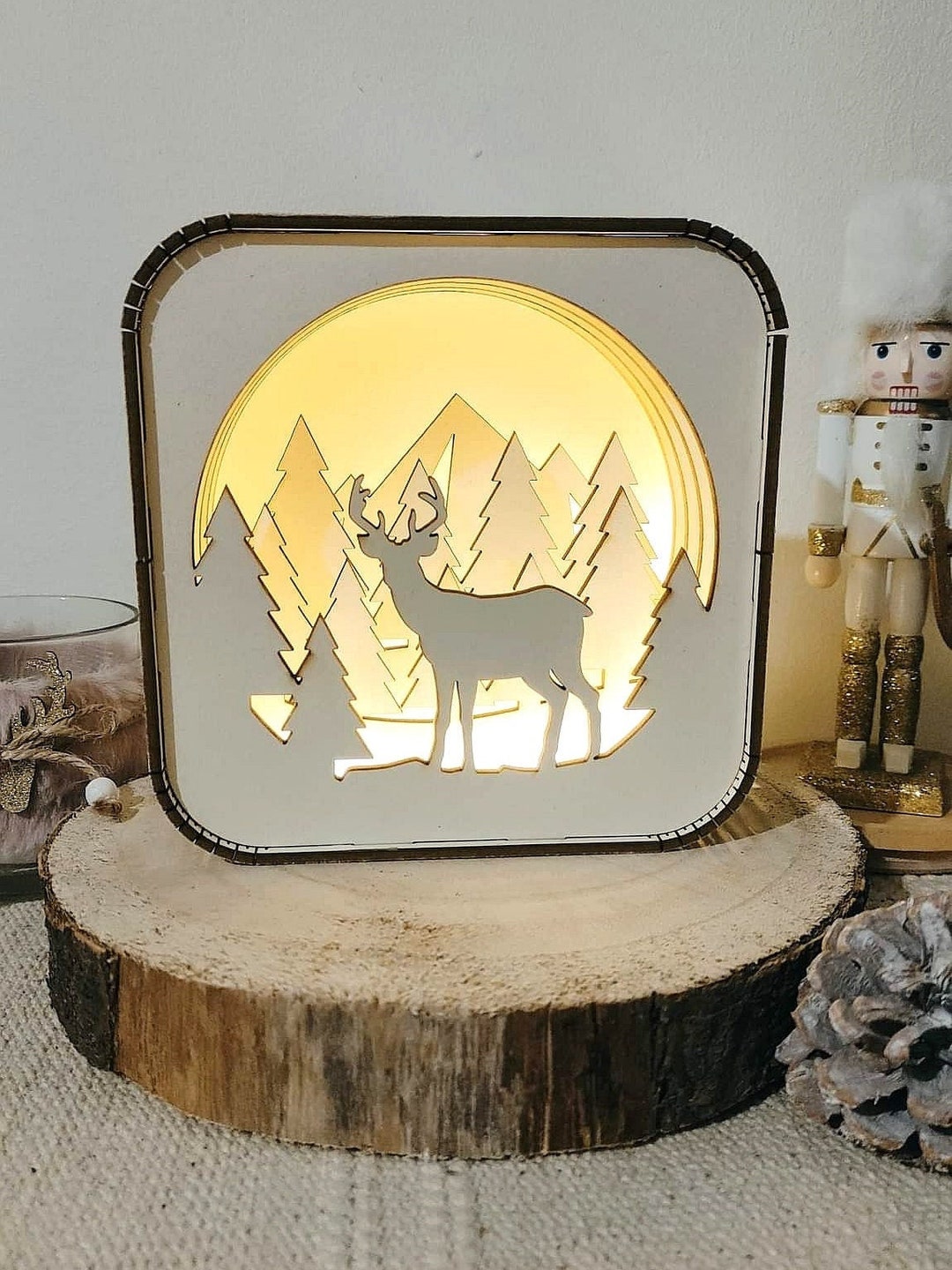 Deer and Fir Tree Light Decoration Night Light Light Box Shadow Box ...