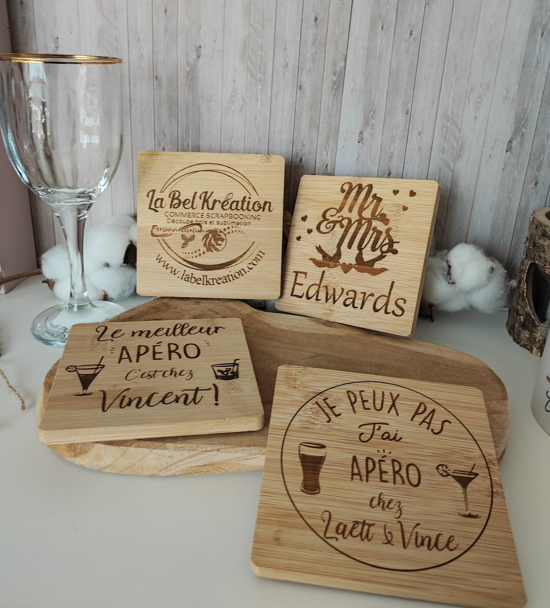 Sous-verres en bois bambou personnalisés, Idée cadeau amis, Anniversaire de couples Nom de ...