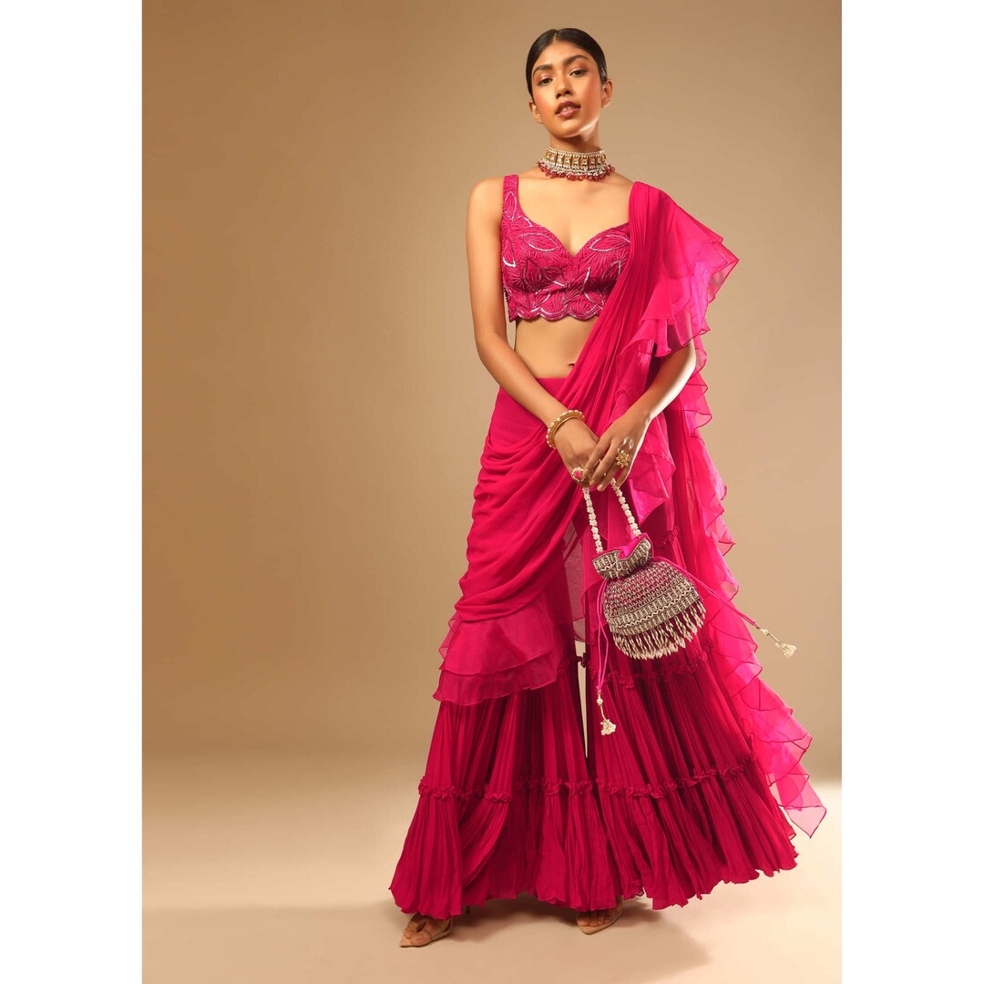 Hot Pink Crop Top Sharara Saree With an Attached Ruffle Draped and Hand ...