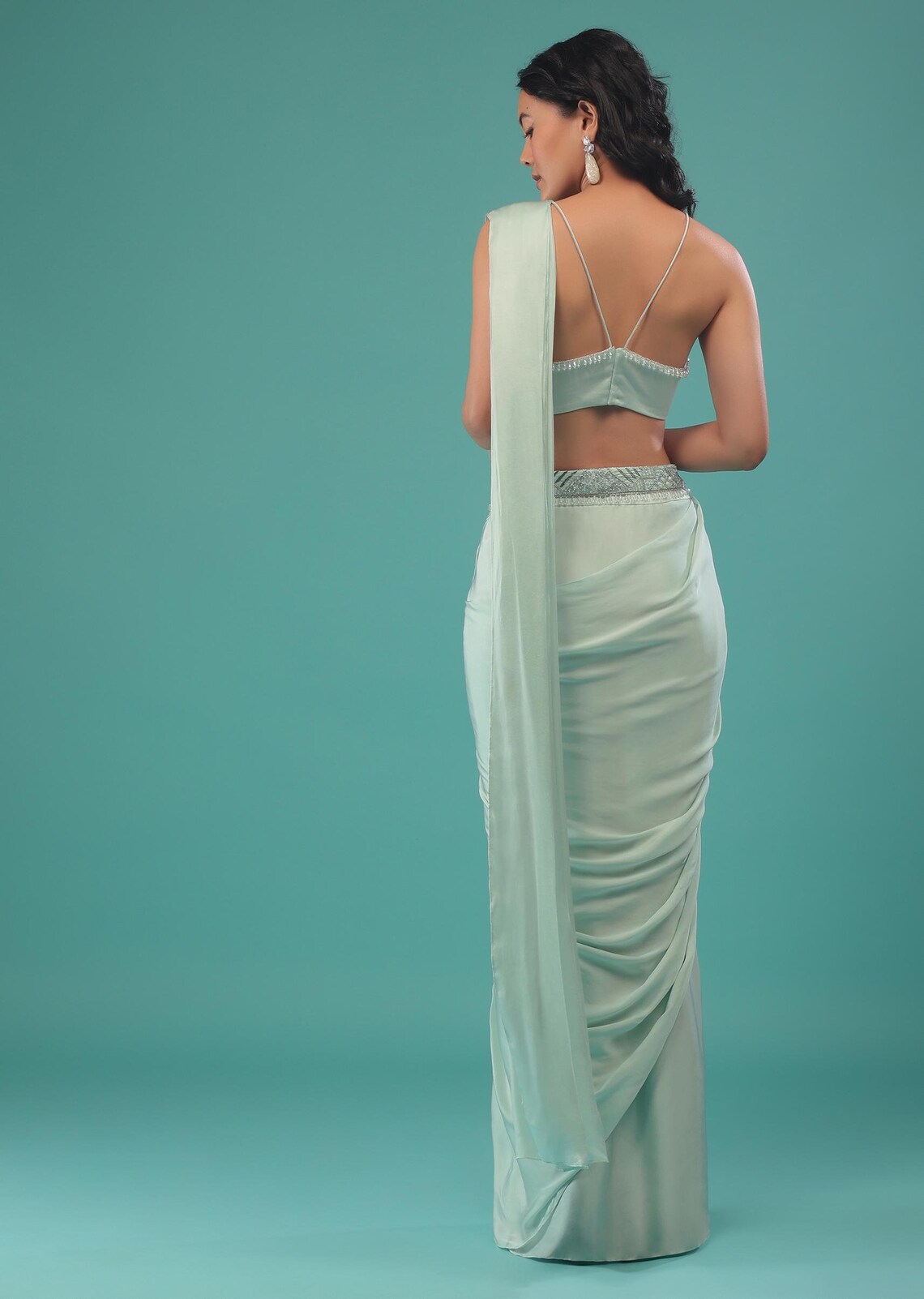 Moonlight Jade Green Pre-pleated Satin Saree: Handcrafted Blouse - Etsy