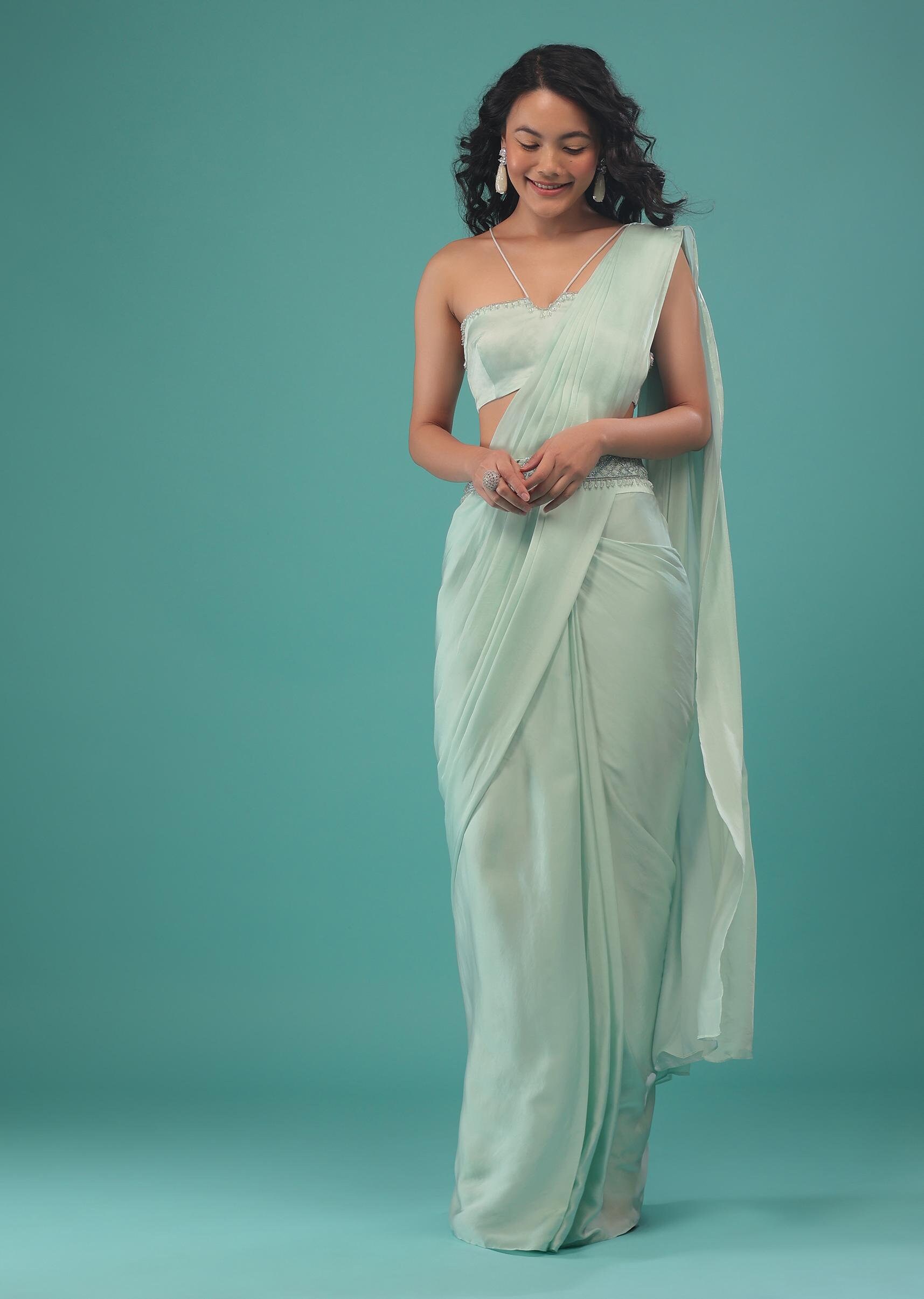Designer Moonlight Green Pre-pleated Organza Saree With Handcrafted ...