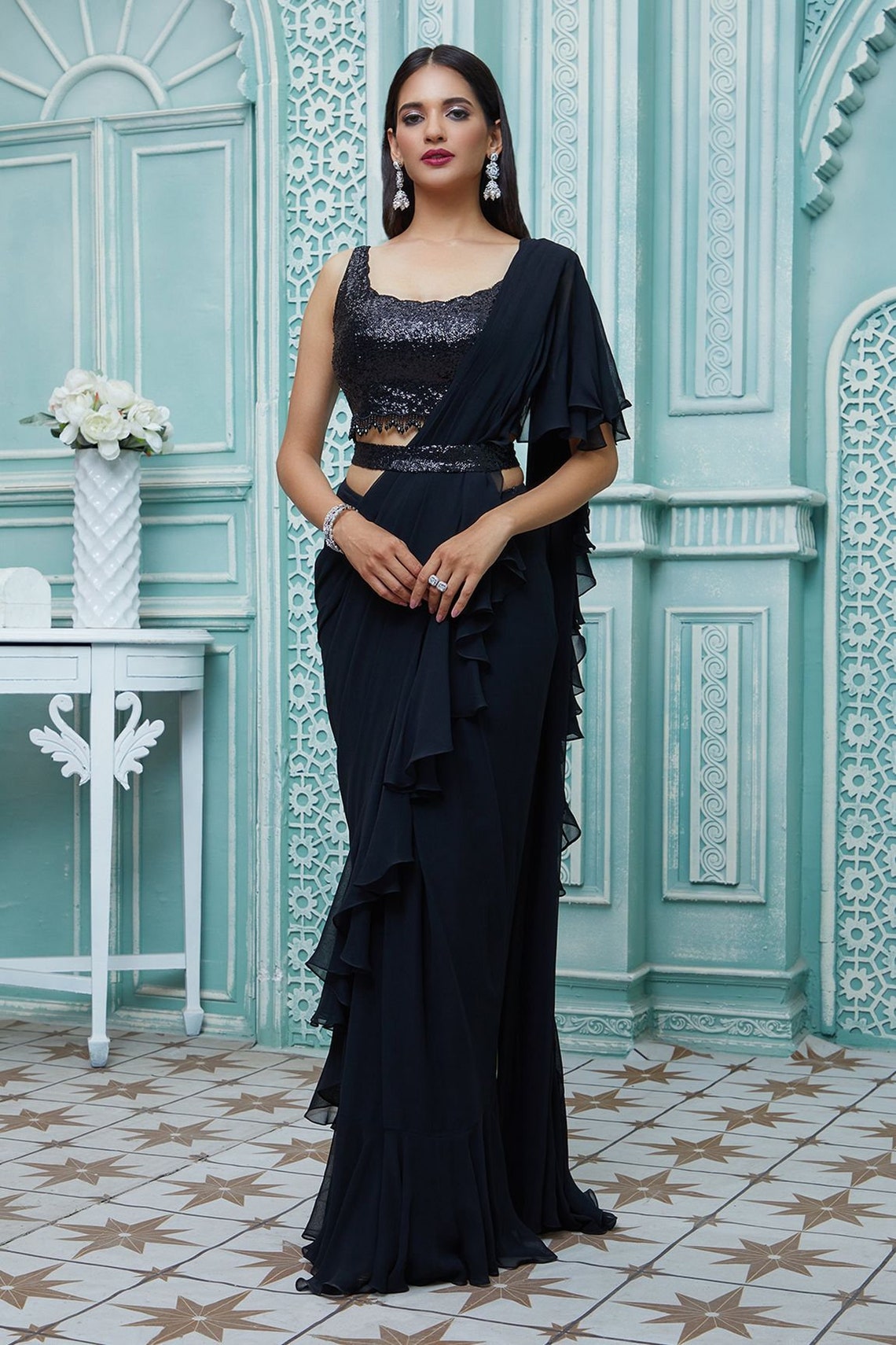 Gorgeous Black Full Sequence Blouse With Draped Ruffle Saree and ...