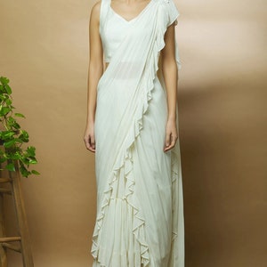 Designer off White Georgette Pre-draped Ruffle Saree With Plain White ...