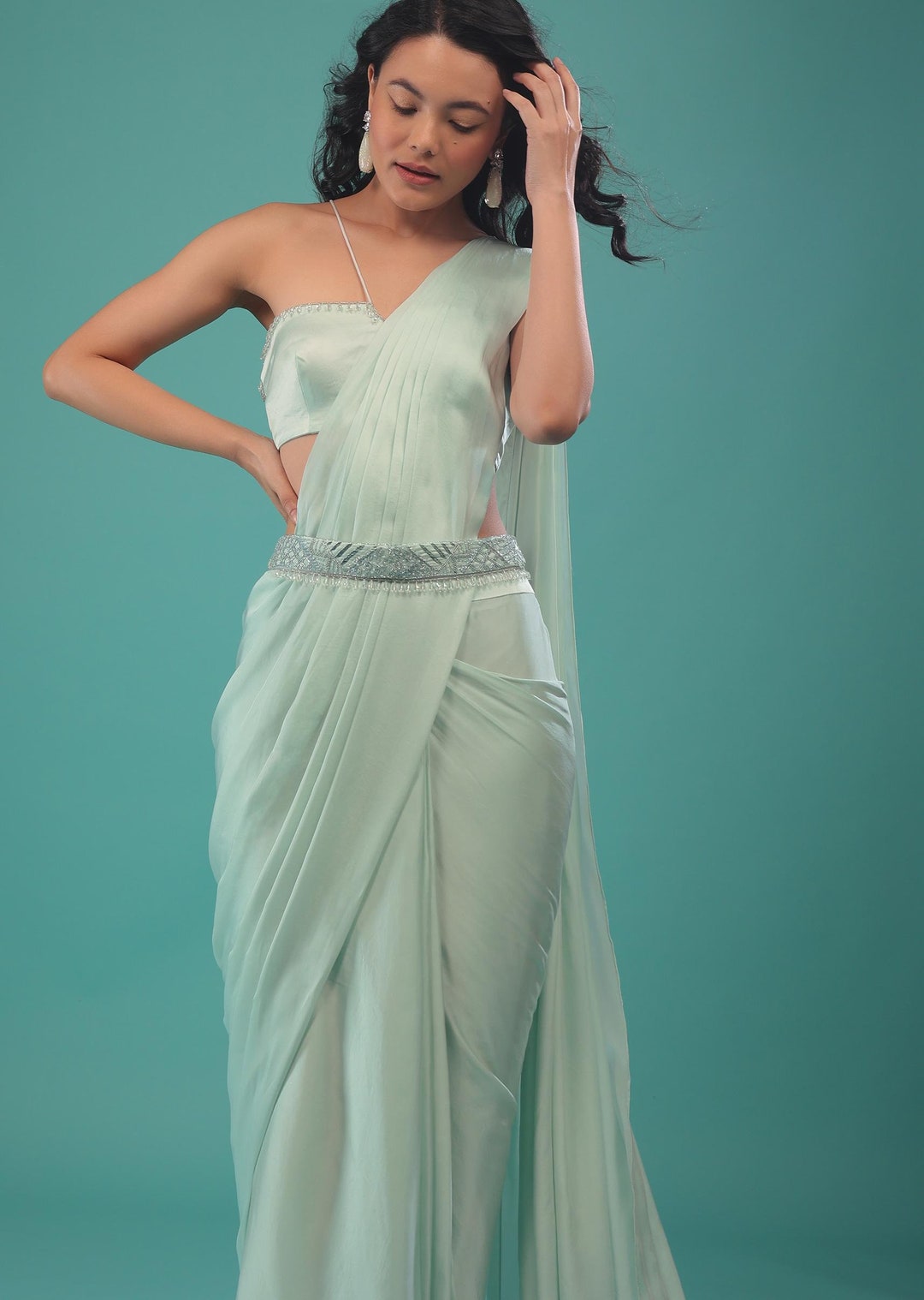 Moonlight Jade Green Pre-pleated Satin Saree: Handcrafted Blouse - Etsy