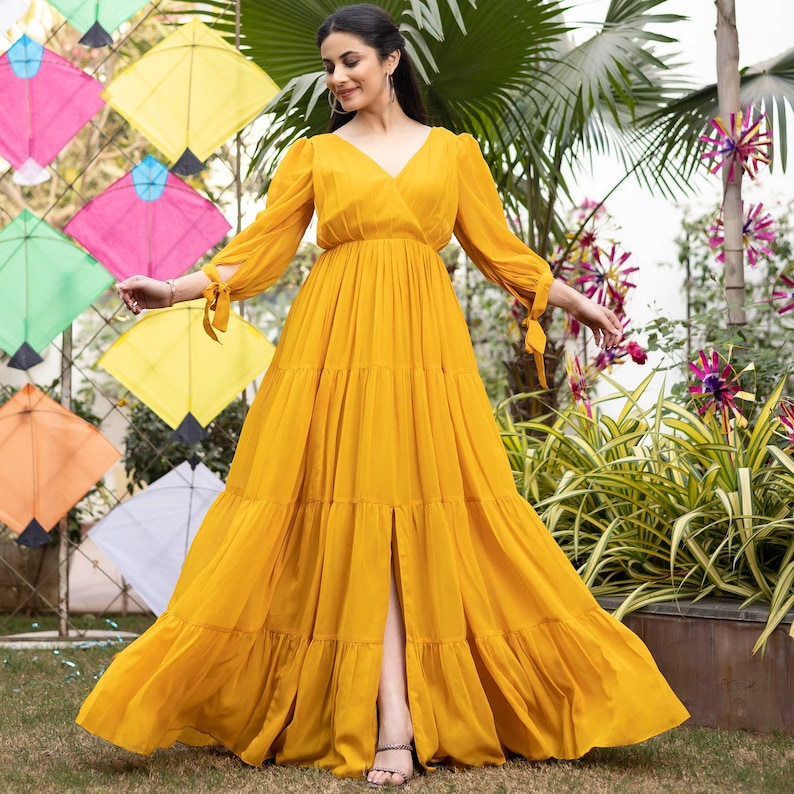 Designer-trending Mustard Yellow Pleated Angrakha Style - Etsy