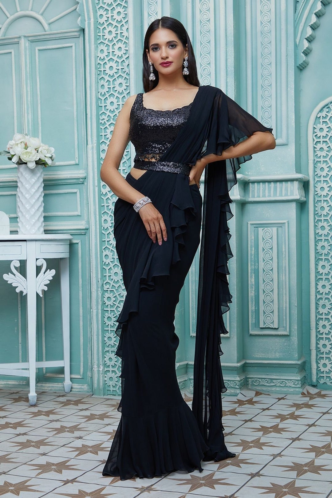 Gorgeous Black Full Sequence Blouse With Draped Ruffle Saree and ...