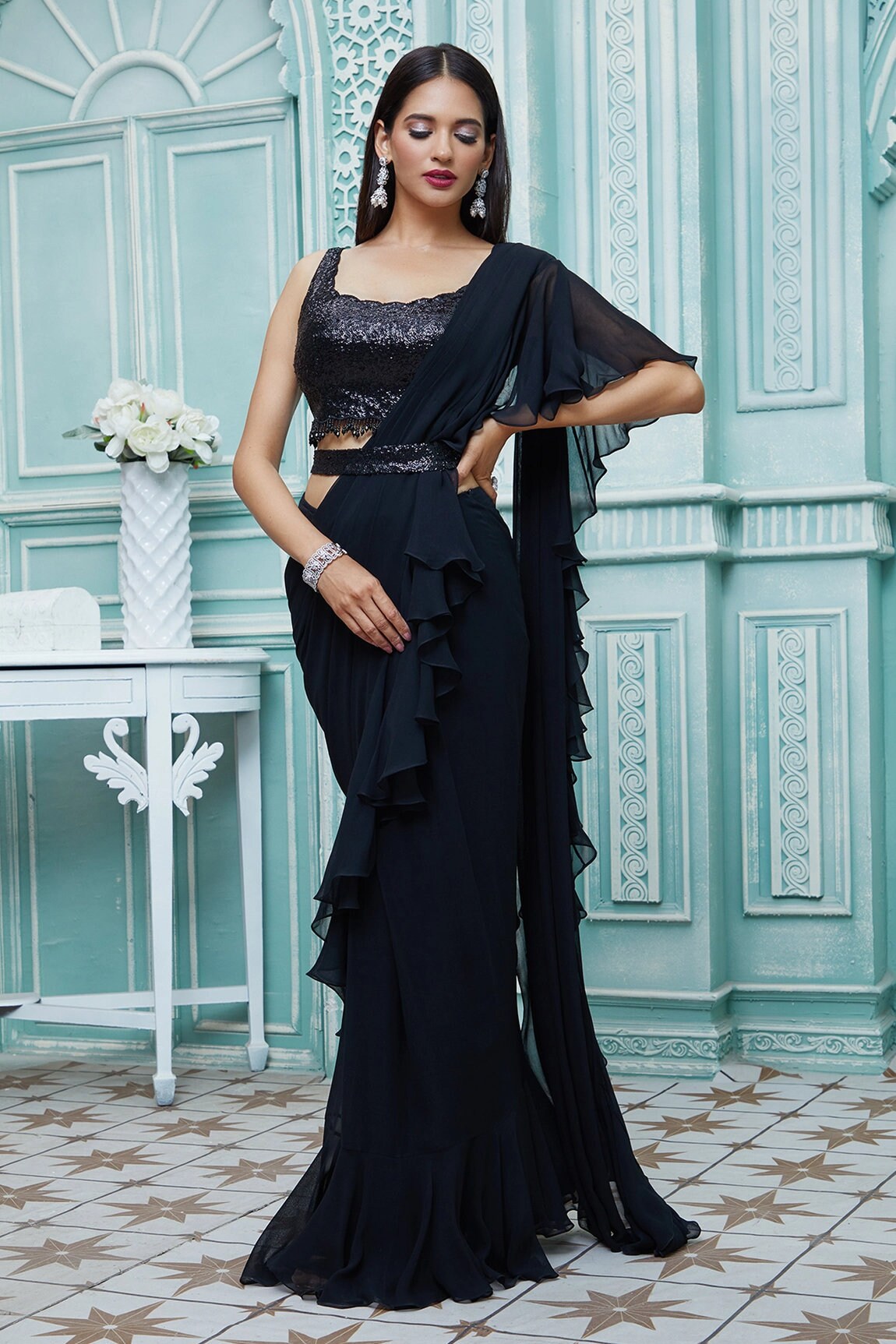 Gorgeous Black Full Sequence Blouse With Draped Ruffle Saree and ...
