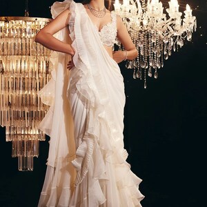 Designer This White Organza Ruffle Saree With the Most Trendy Handwork ...