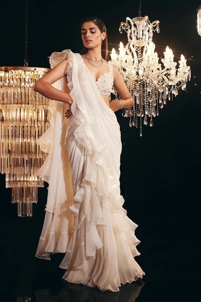 Designer This White Organza Ruffle Saree With Complete - Etsy