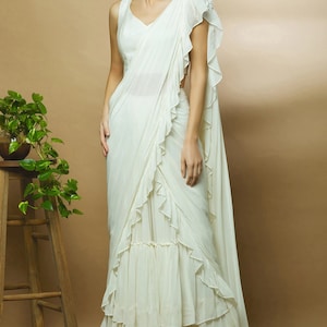 Designer off White Georgette Pre-draped Ruffle Saree With Plain White ...
