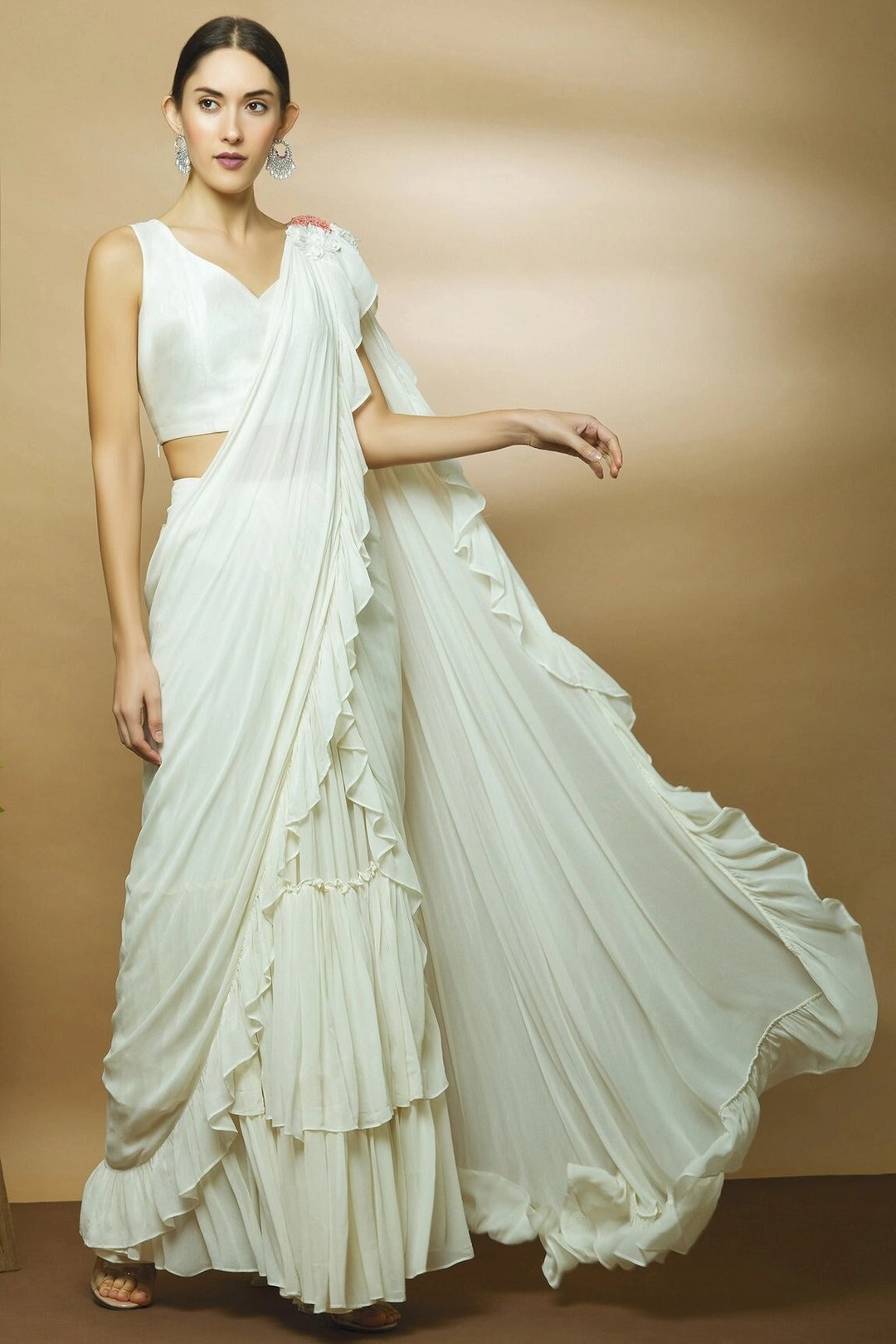 Designer off White Georgette Pre-draped Ruffle Saree With Plain White ...