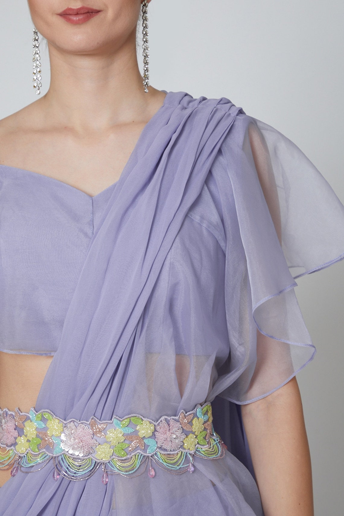 Purple Pre-draped Ruffle Lehenga Saree With an Embellished Belt It is ...