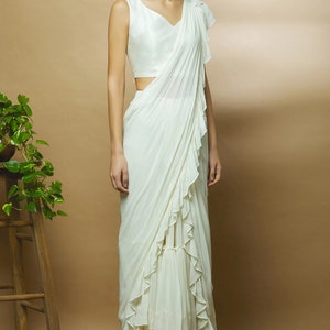 Designer off White Georgette Pre-draped Ruffle Saree With Plain White ...