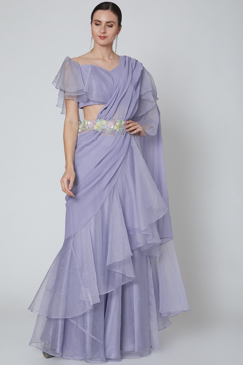 Purple Pre-draped Ruffle Lehenga Saree With an Embellished Belt It is ...