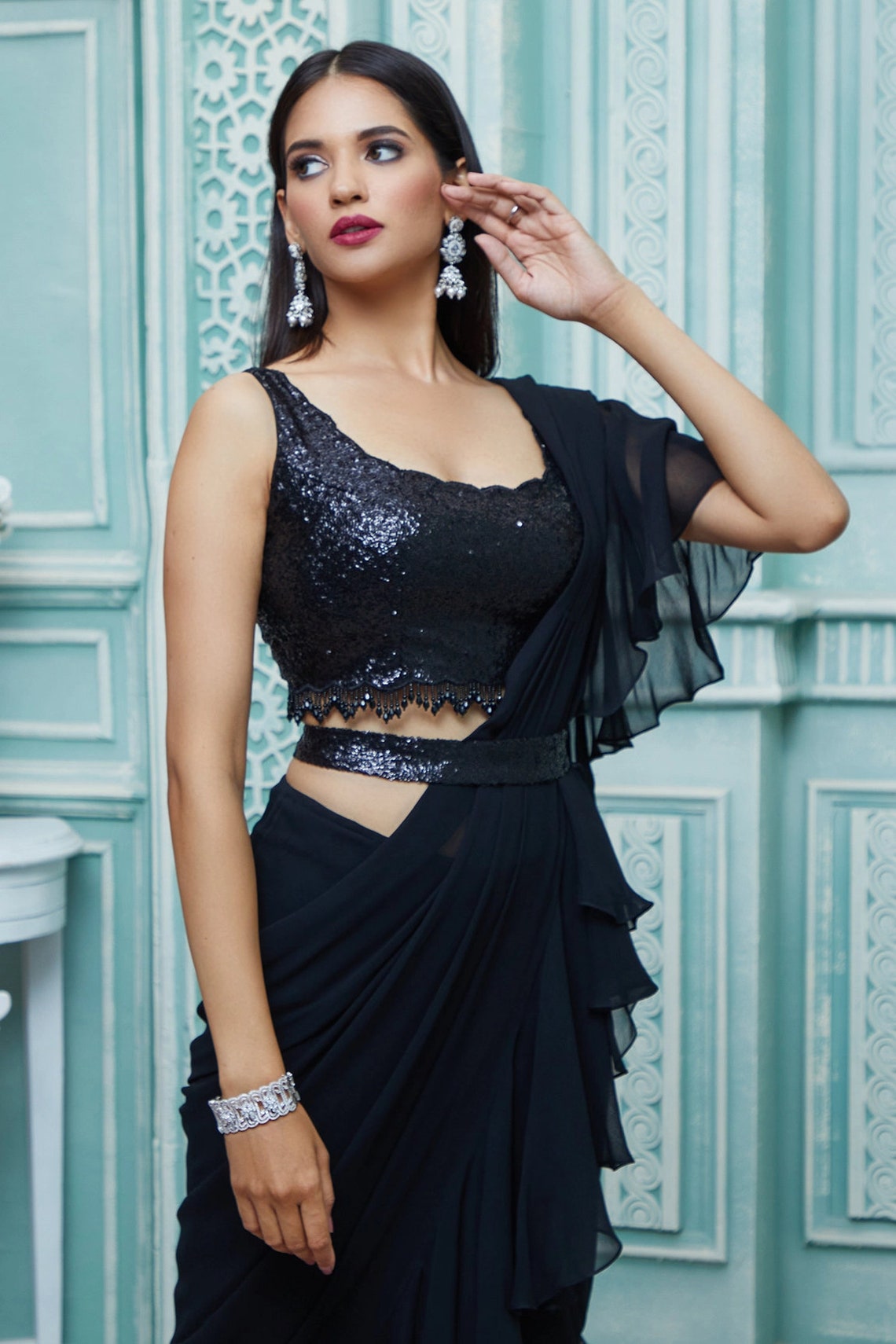 Gorgeous Black Full Sequence Blouse With Draped Ruffle Saree and ...