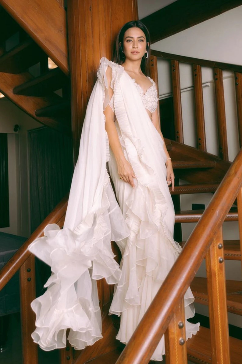 Designer This White Organza Ruffle Saree With Complete - Etsy