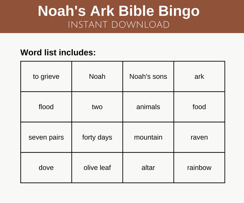 Noah's Ark Bingo Card, Bible Bingo for Toddlers, Genesis Sunday School ...