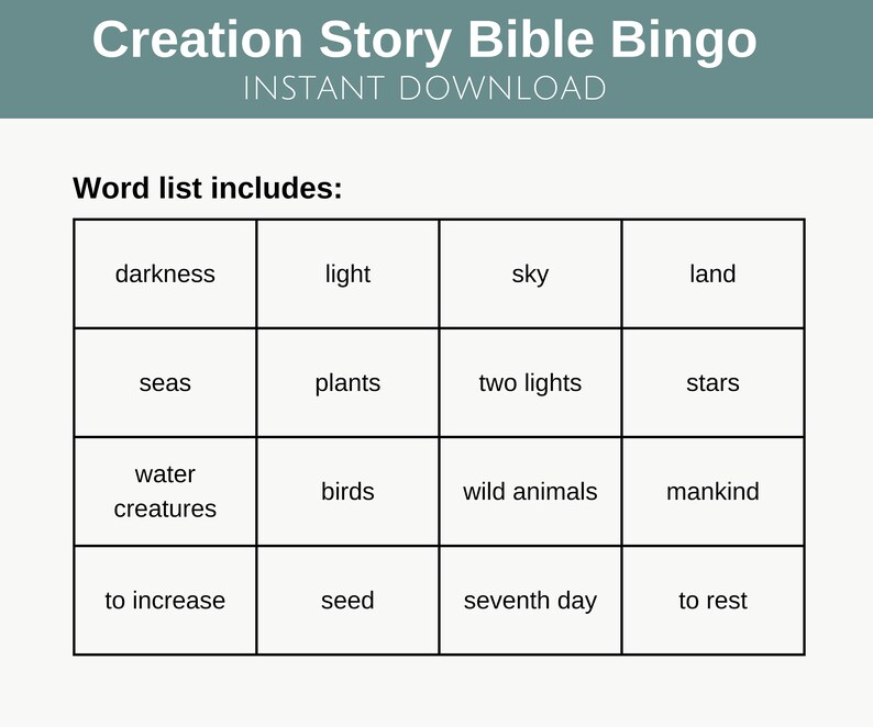 7 Days of Creation Bingo Game, Bible Bingo Cards for Toddlers, Genesis ...