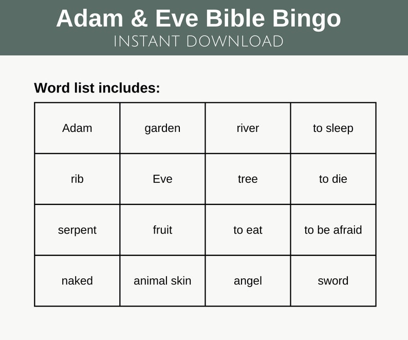 Adam and Eve Bible Bingo Card Game, Bible Activity for Preschoolers ...