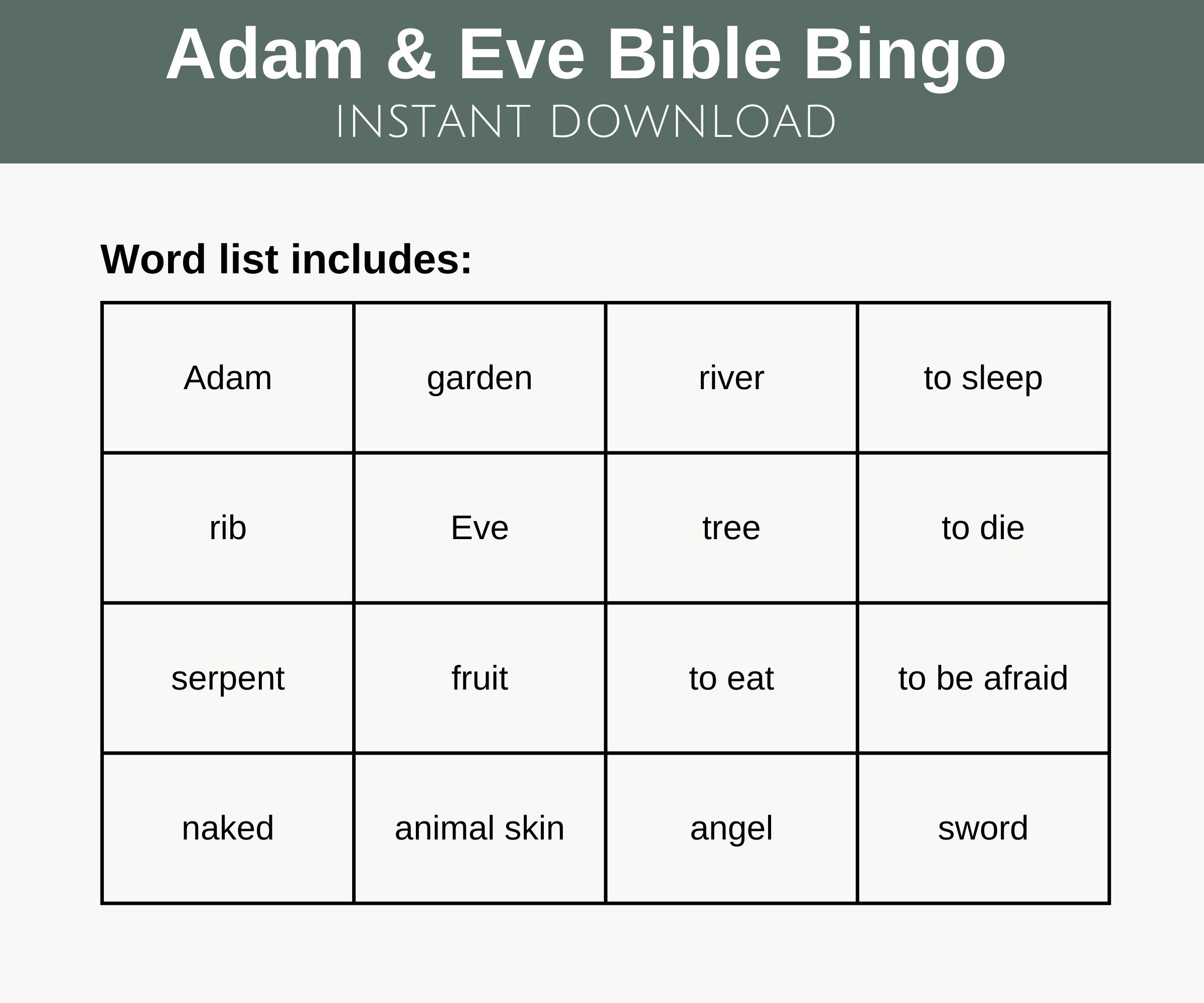 Adam and Eve Bible Bingo Card Game, Bible Activity for Preschoolers ...