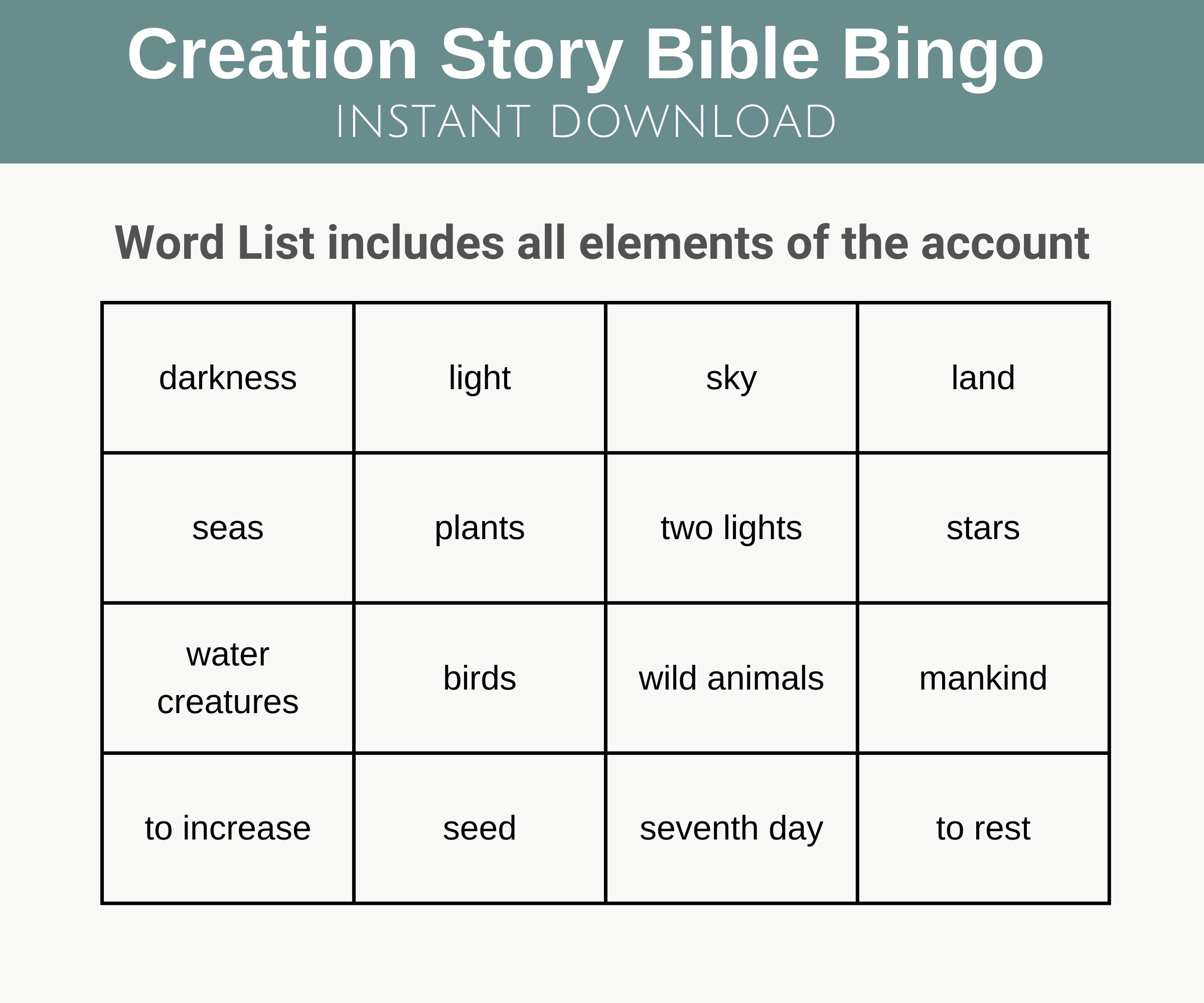 Creation Bingo Expanded Set, Bible Bingo for Toddlers, Genesis Sunday ...