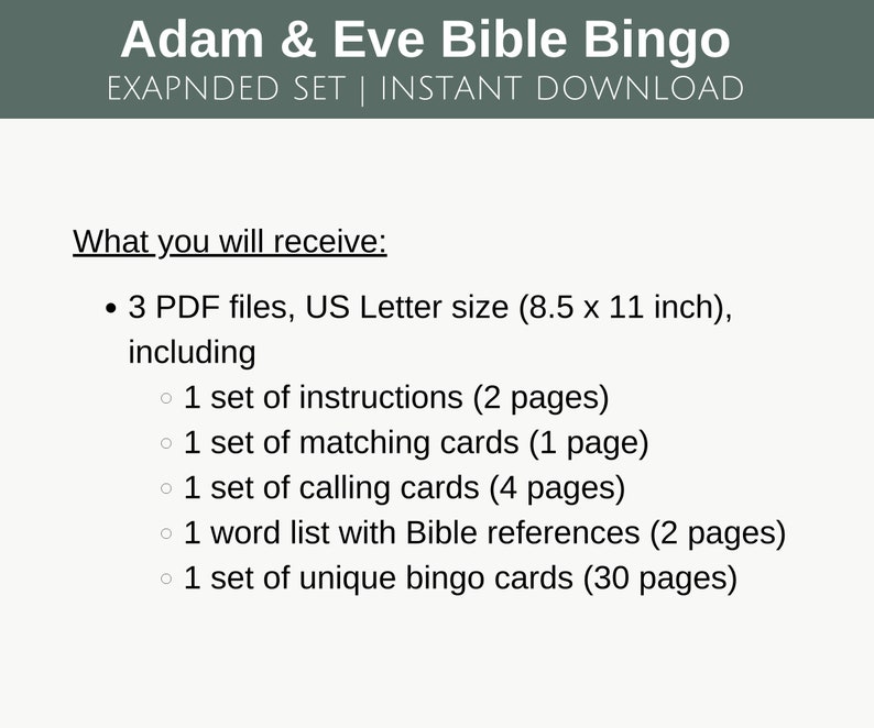 Adam & Eve Bingo Card Expanded Set, Bible Bingo for Toddlers, Genesis ...