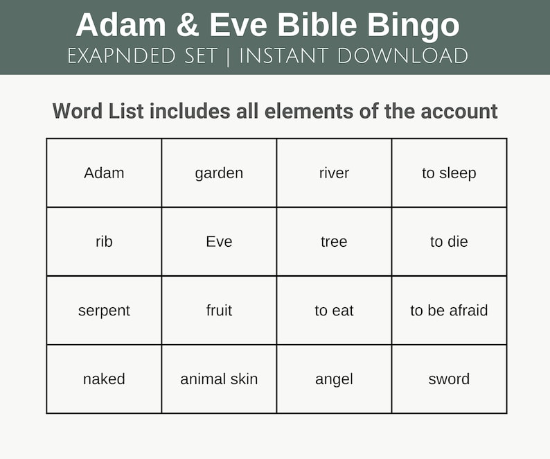 Adam & Eve Bingo Card Expanded Set, Bible Bingo for Toddlers, Genesis ...