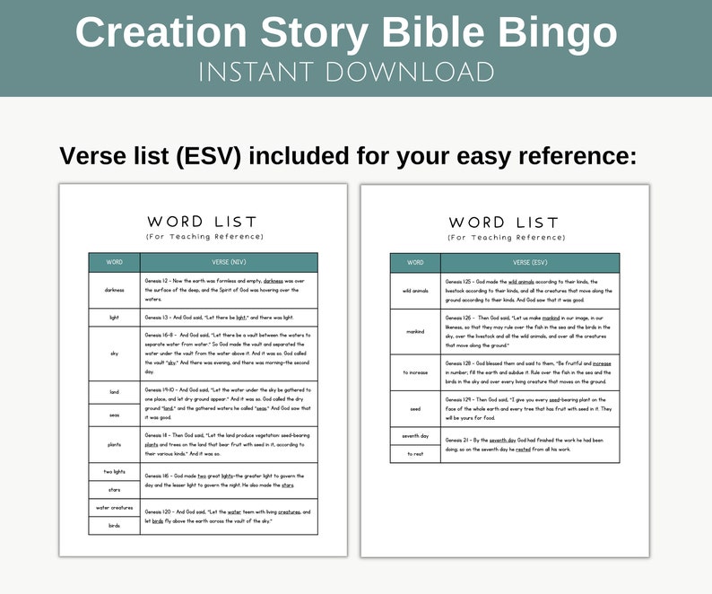 7 Days of Creation Bingo Game, Bible Bingo Cards for Toddlers, Genesis ...