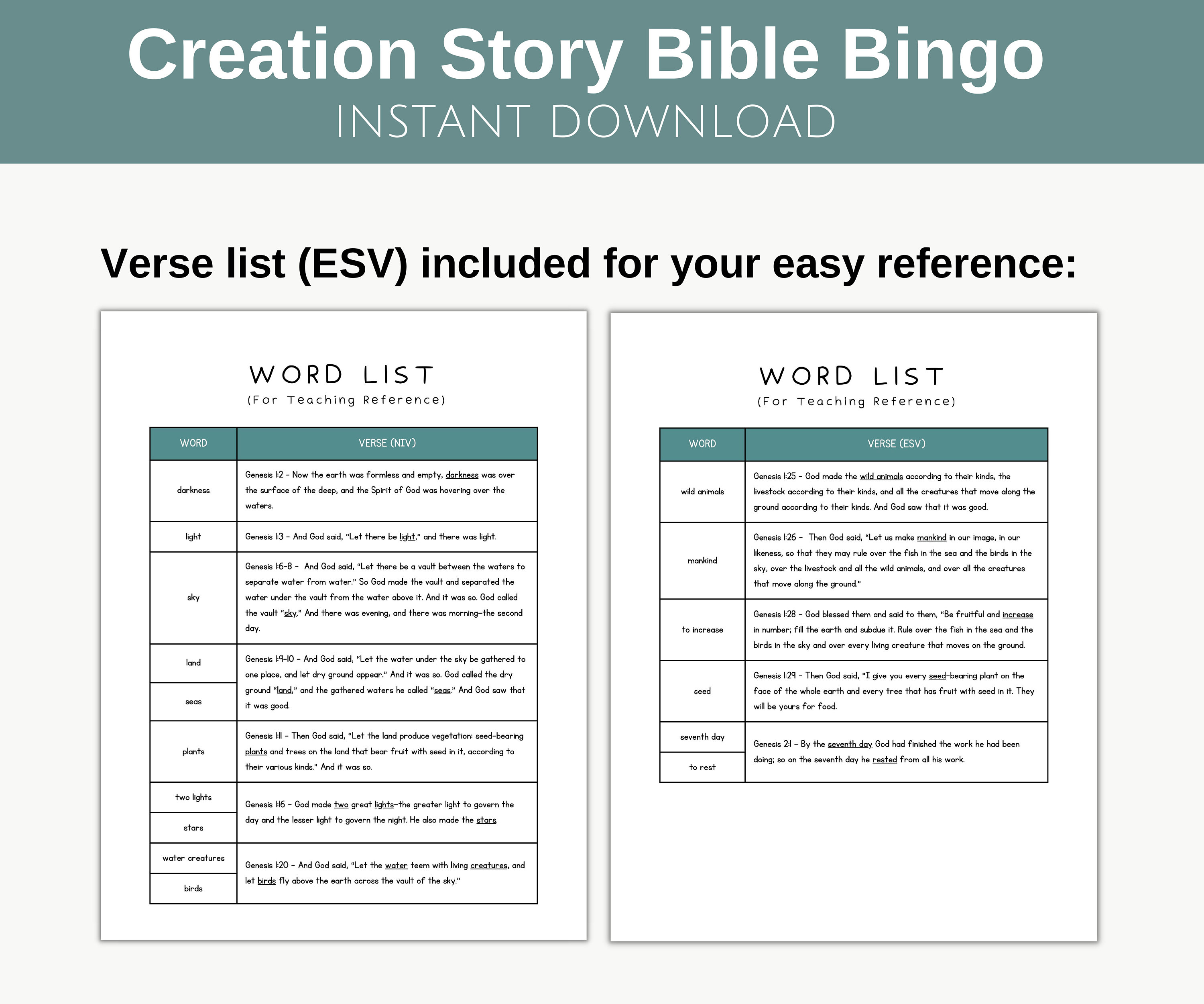 7 Days of Creation Bingo Game, Bible Bingo Cards for Toddlers, Genesis ...