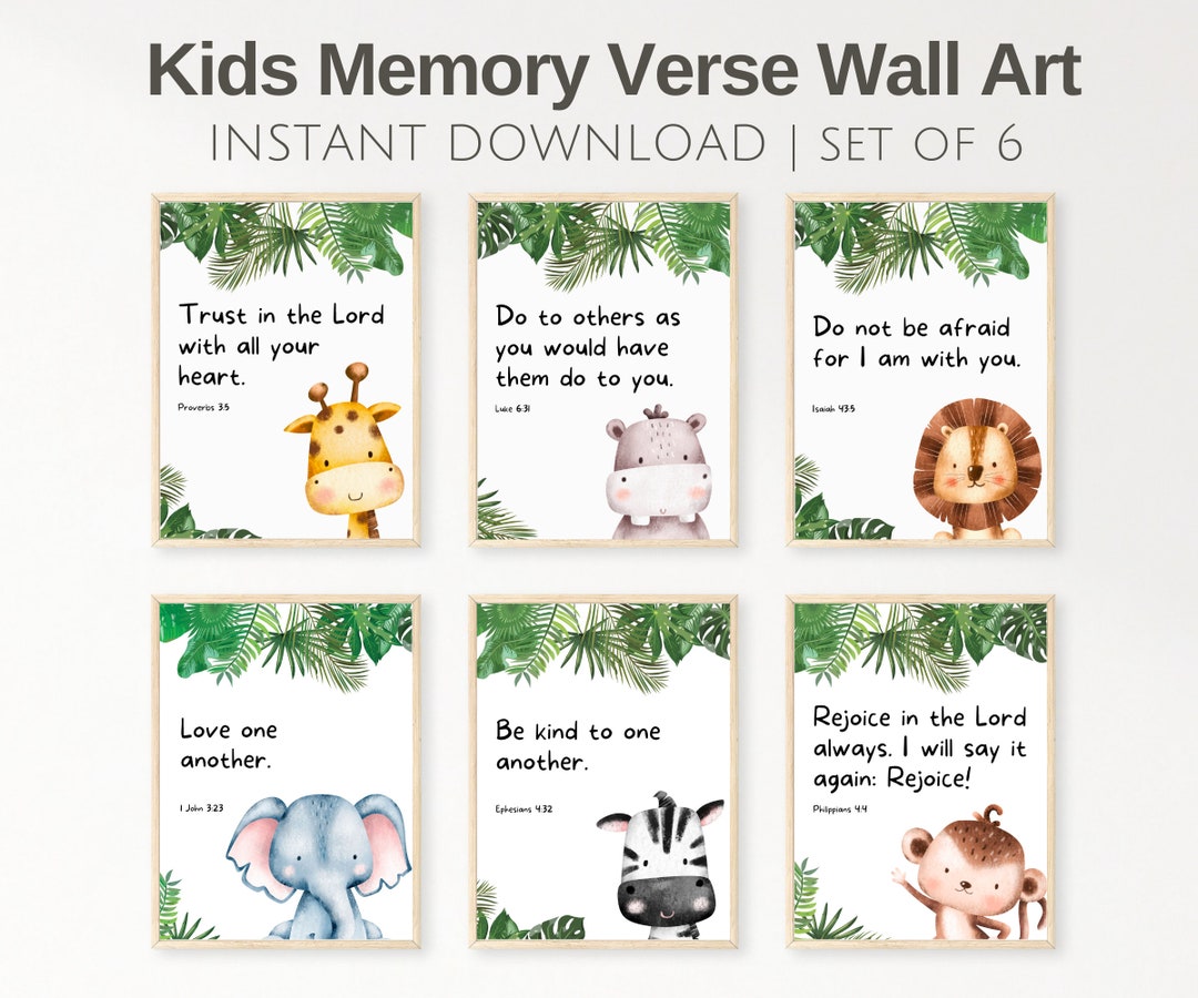 Set of 6 Bible Verse Wall Art, Simple Memory Verses for Kids, Sunday ...