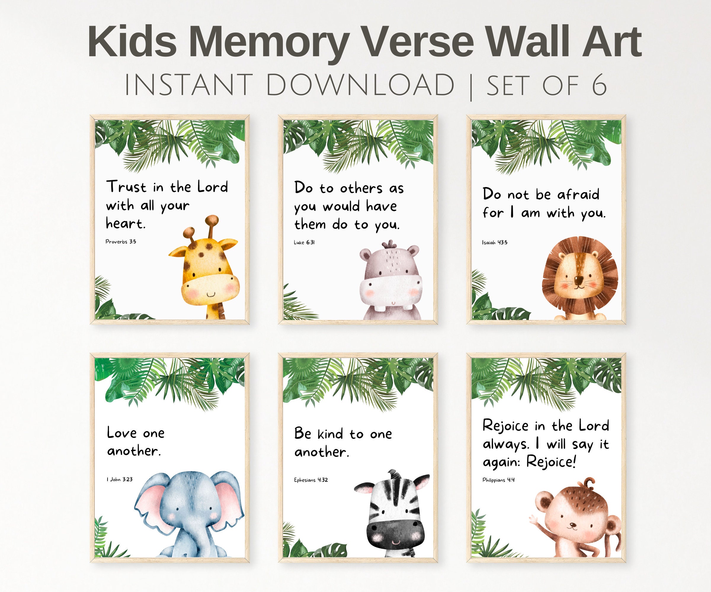 Set of 6 Bible Verse Wall Art, Simple Memory Verses for Kids, Sunday ...