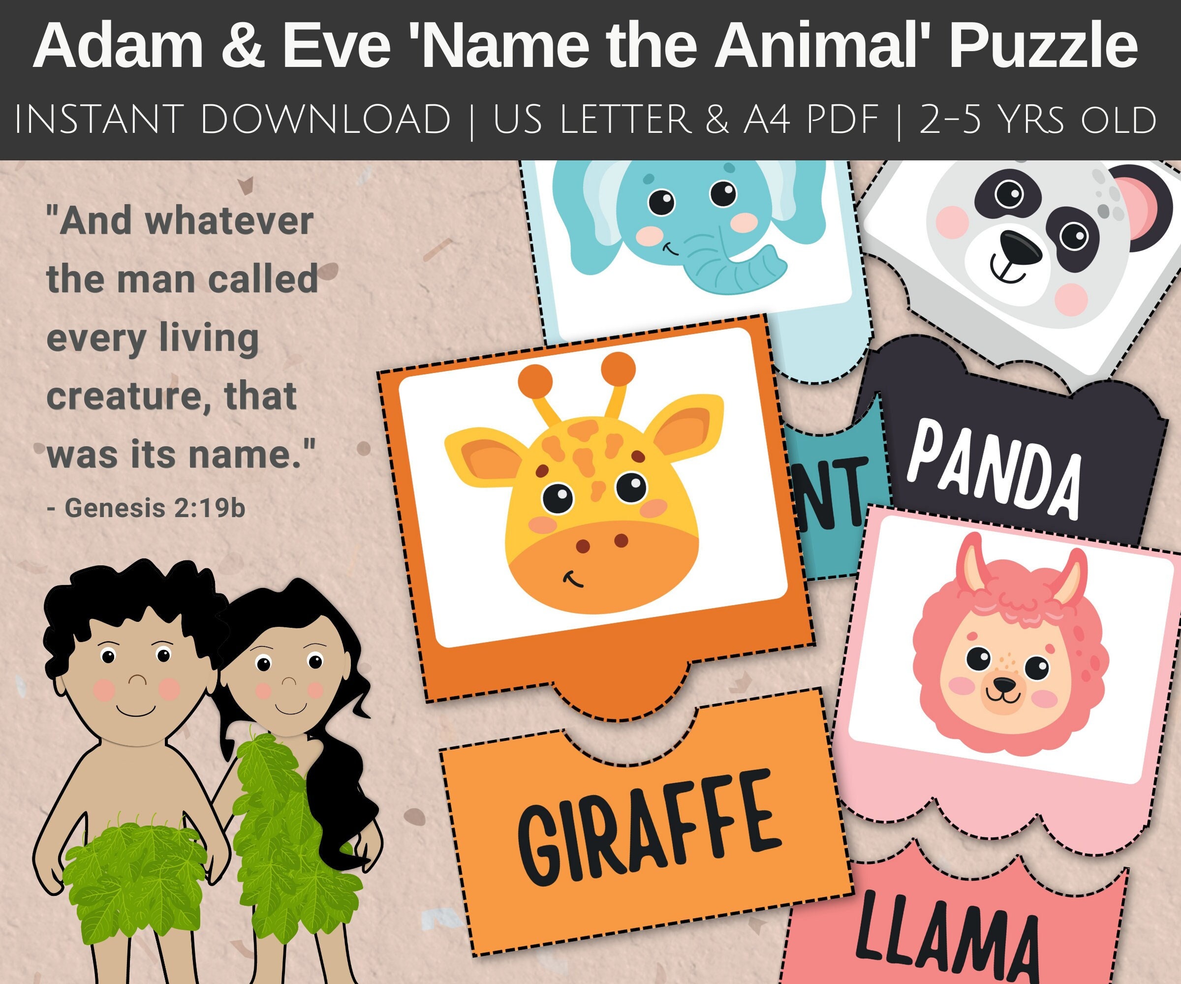 Adam & Eve Activity, Preschool Puzzle, Bible Class Lesson, Safari ...